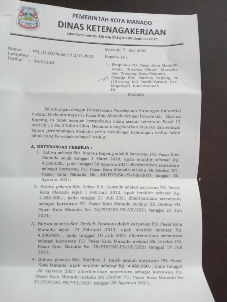 Disnaker Keluarkan Surat Anjuran untuk PD Pasar Manado Segera Bayarkan ...